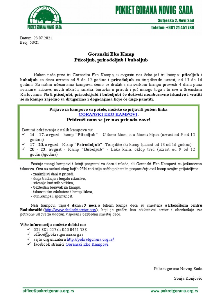 Goranski Eko Kampovi U Avgustu | PDF