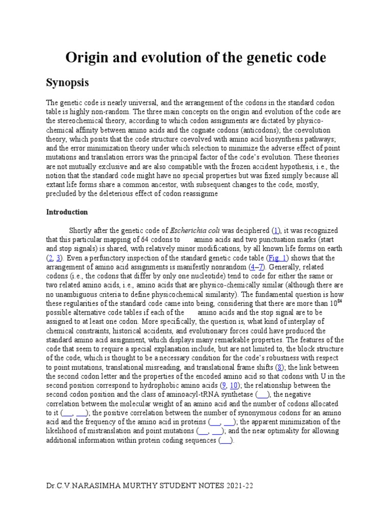 Origin and Evolution of The Genetic Code | PDF | Genetic Code ...