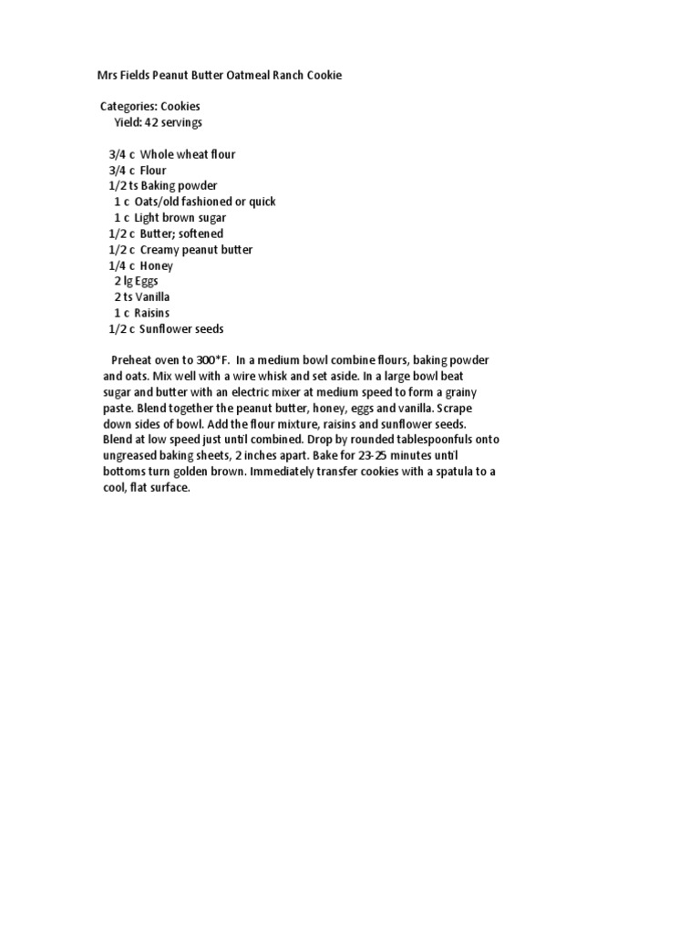 Mrs Fields Peanut Butter Oatmeal Ranch Cookie | PDF
