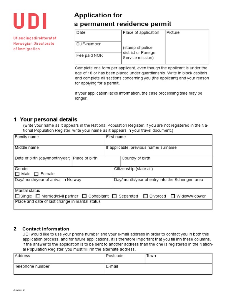 Application For A Permanent Residence Permit e | PDF | Identity ...