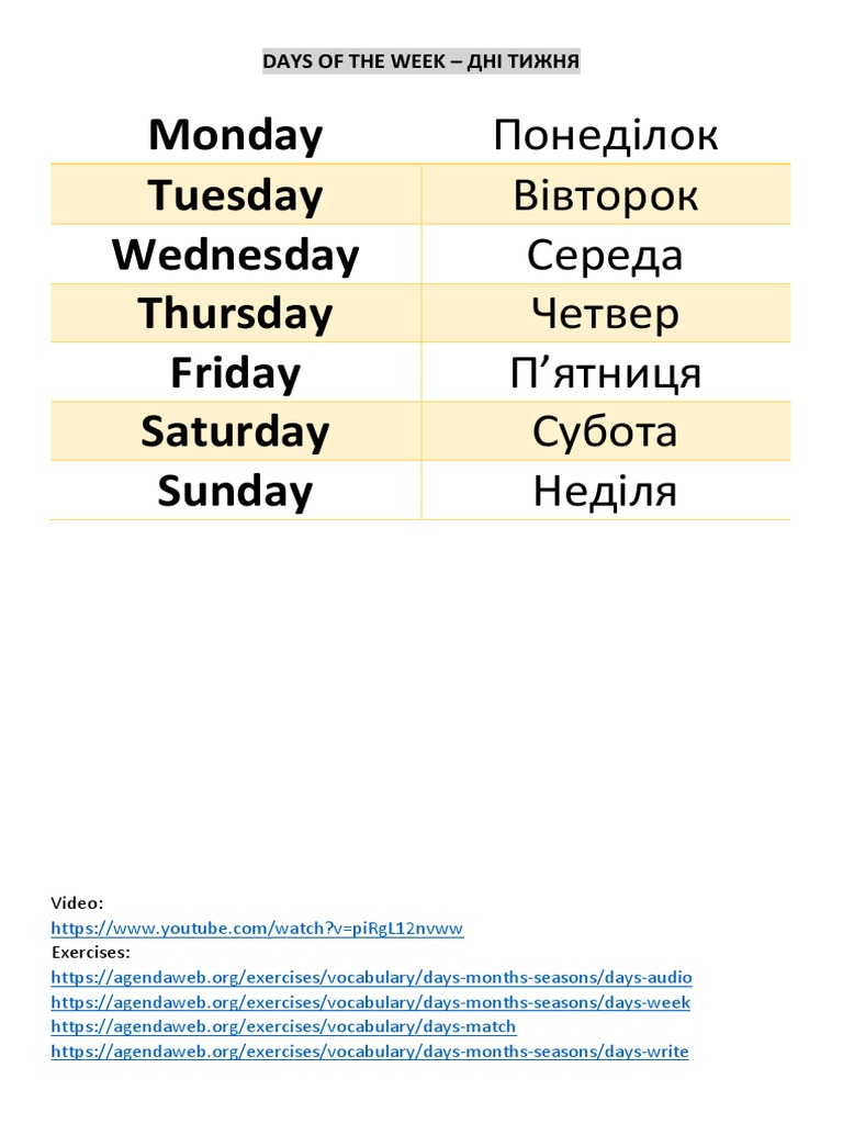 Days of The Week and Months | PDF