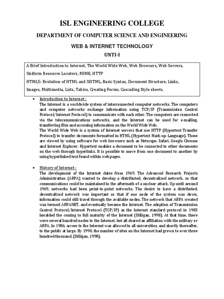 Unit-1 Web and Internet Technology | PDF | Html Element | Xhtml