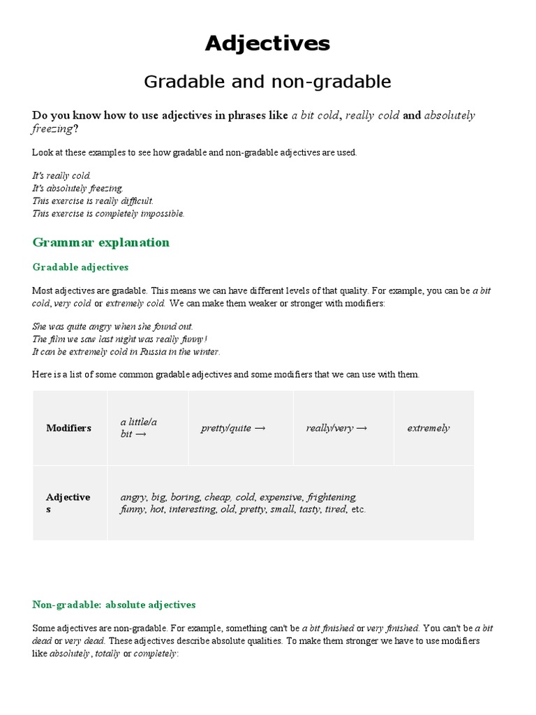 Adjectives: Gradable and Non-Gradable | PDF | Adjective | Language ...