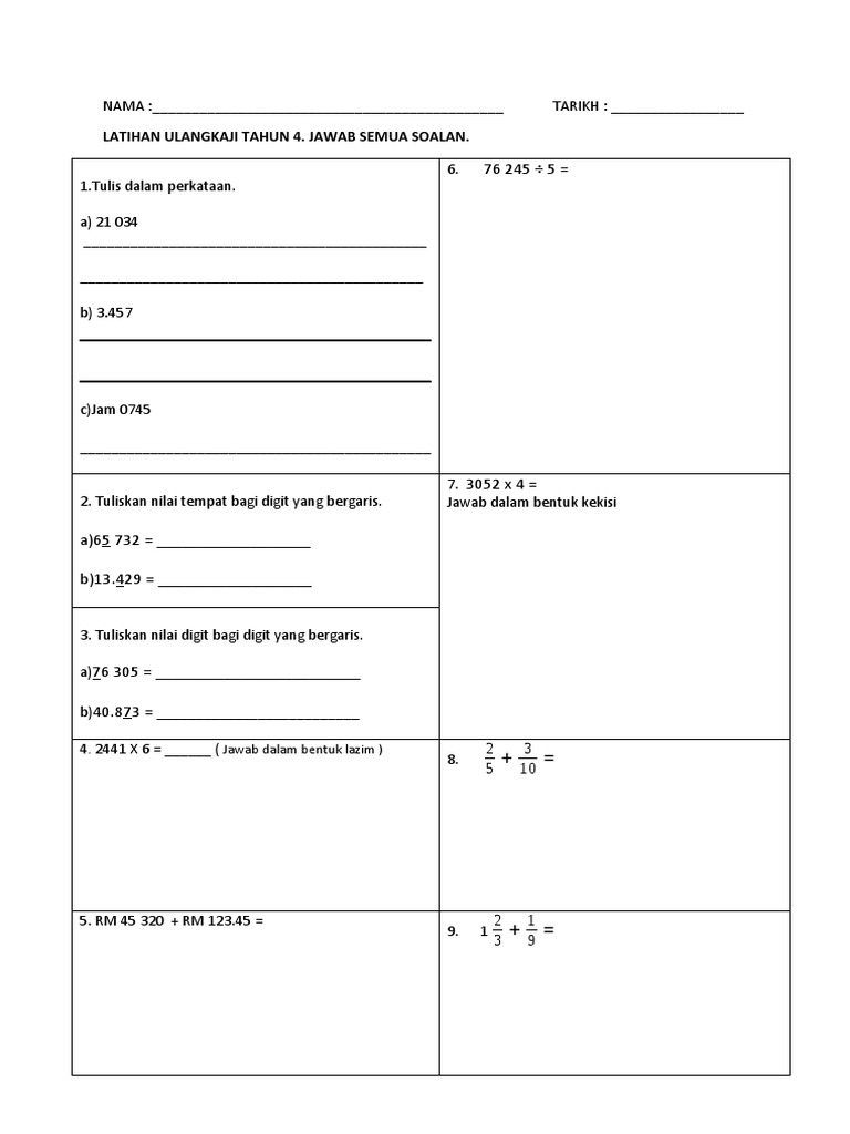 Latihan Matematik Tahun 4 | PDF