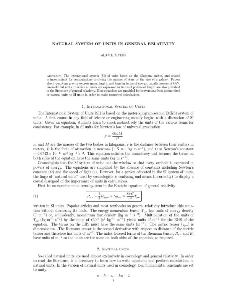 Natural Units in General Relativity | PDF | Electronvolt | General ...