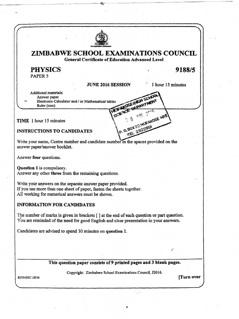 Zimbabwe School Examinations Council Physics: General Certificate of ...