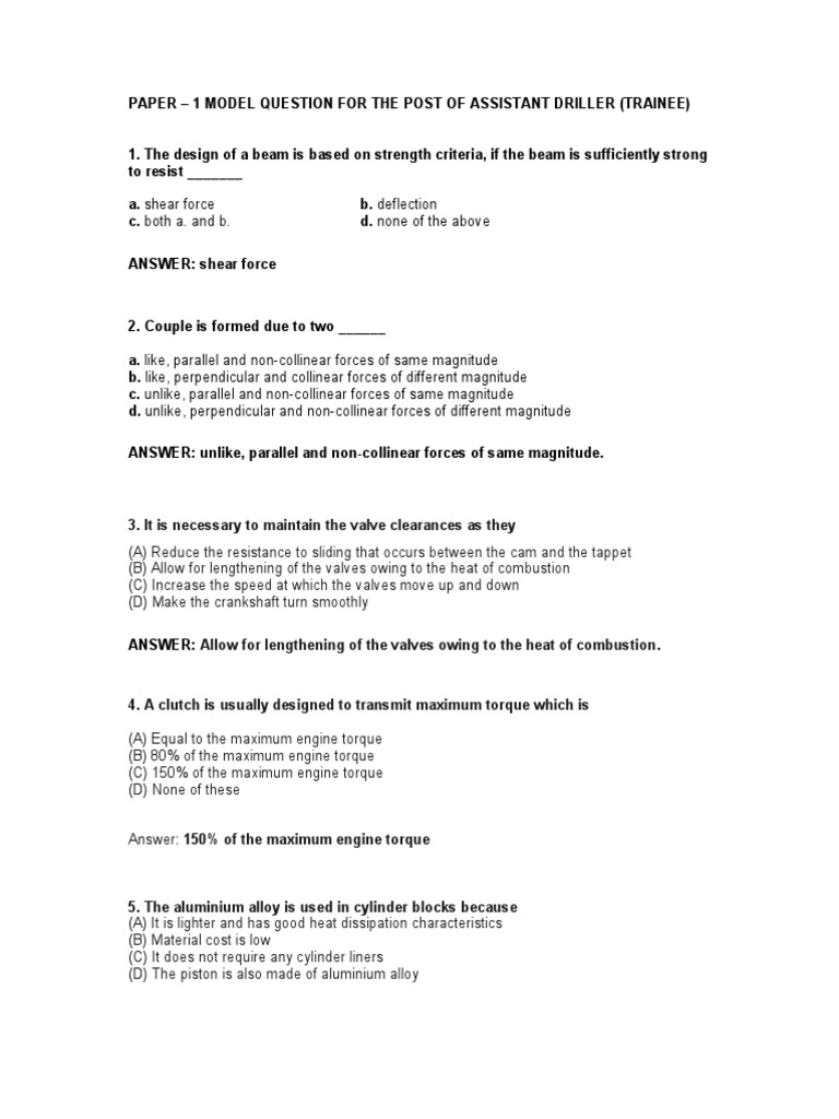 Model Question Paper 1 Assistant Driller | PDF | Belt (Mechanical) | Pump