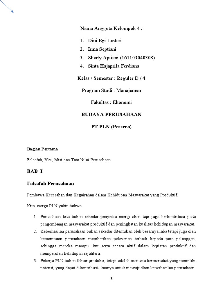 Budaya Perusahaan PT PLN (Persero) | PDF | Bisnis | Pengelolaan Keuangan & Uang