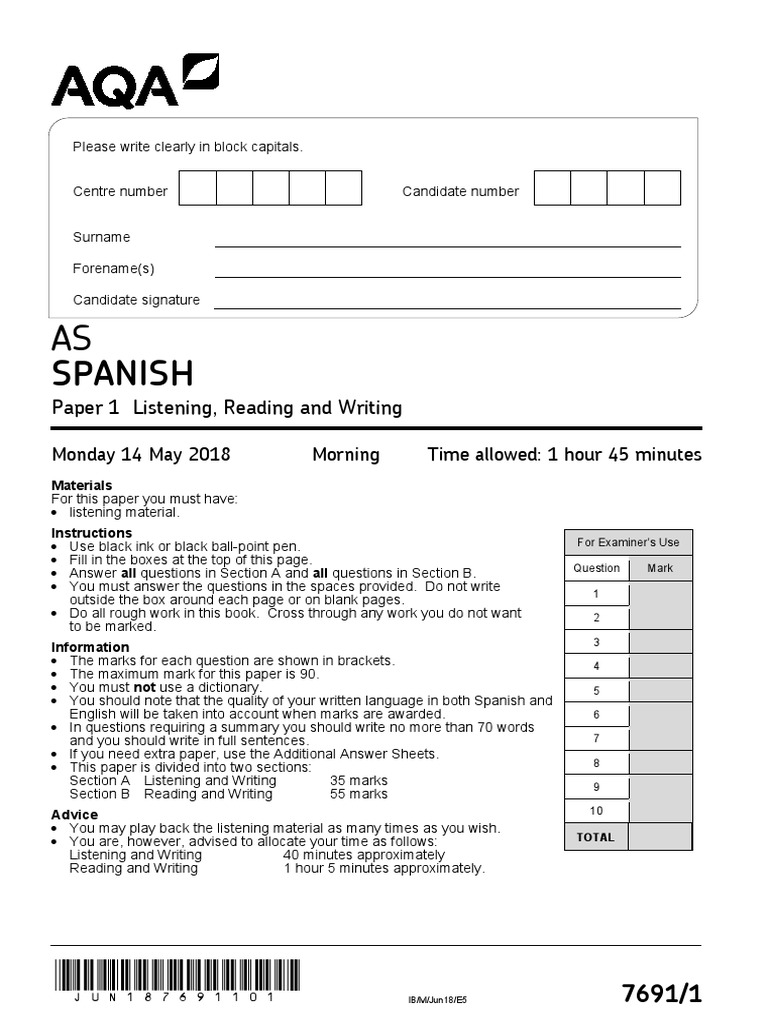 2018 Spanish Paper | PDF | Writing