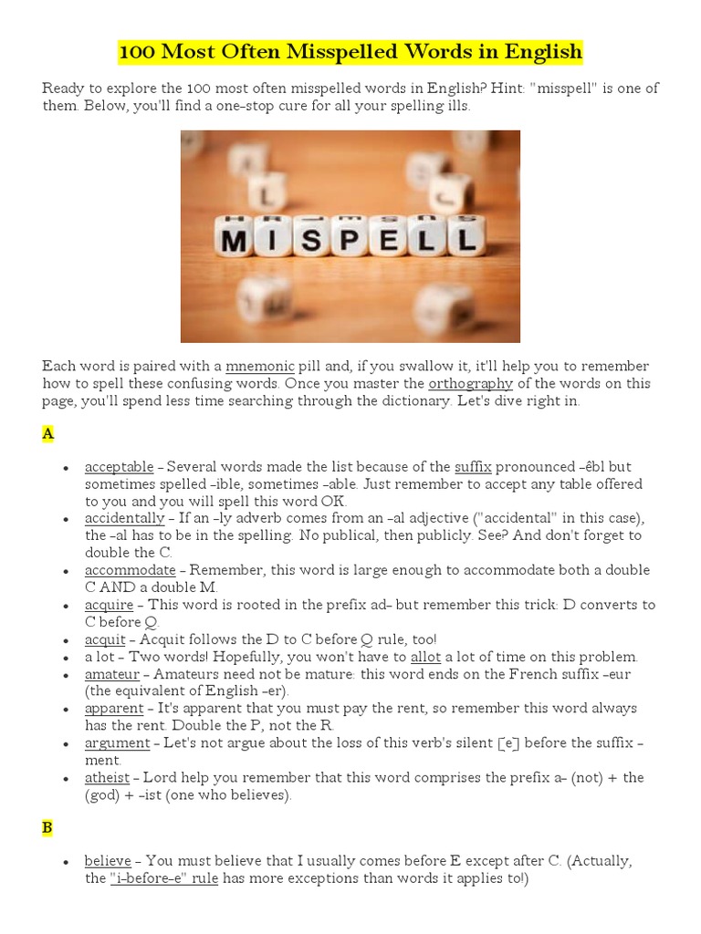 100 Most Often Misspelled Words in English | Download Free PDF ...