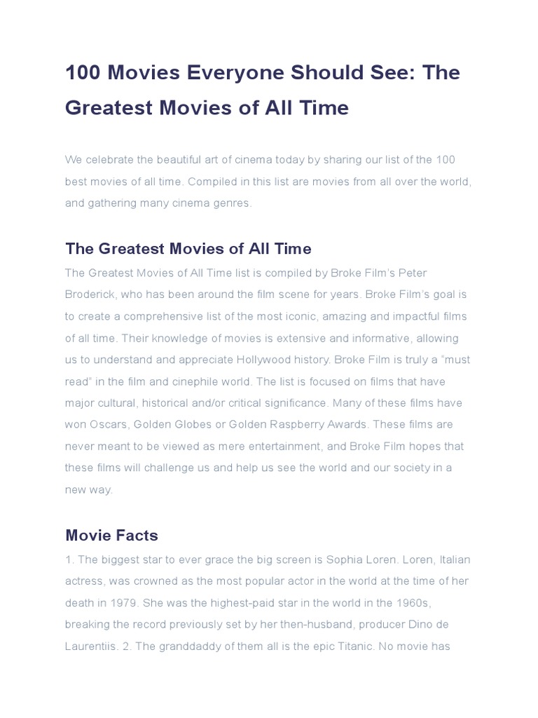 100 Movies Everyone Should See - The Greatest Movies of All Time | PDF