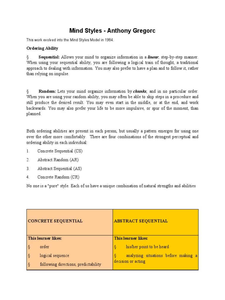 Mind Styles - Anthony Gregorc: Ordering Ability | Download Free PDF ...