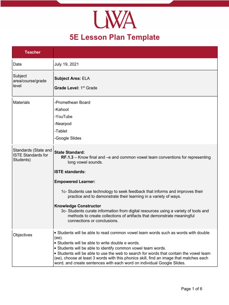 5E Lesson Plan Template: Teacher | PDF | Phonics | Lesson Plan