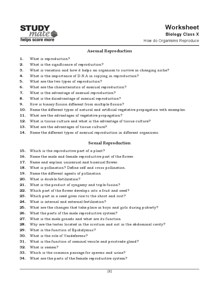 Worksheet: Biology Class X | PDF | Reproduction | Sexual Reproduction