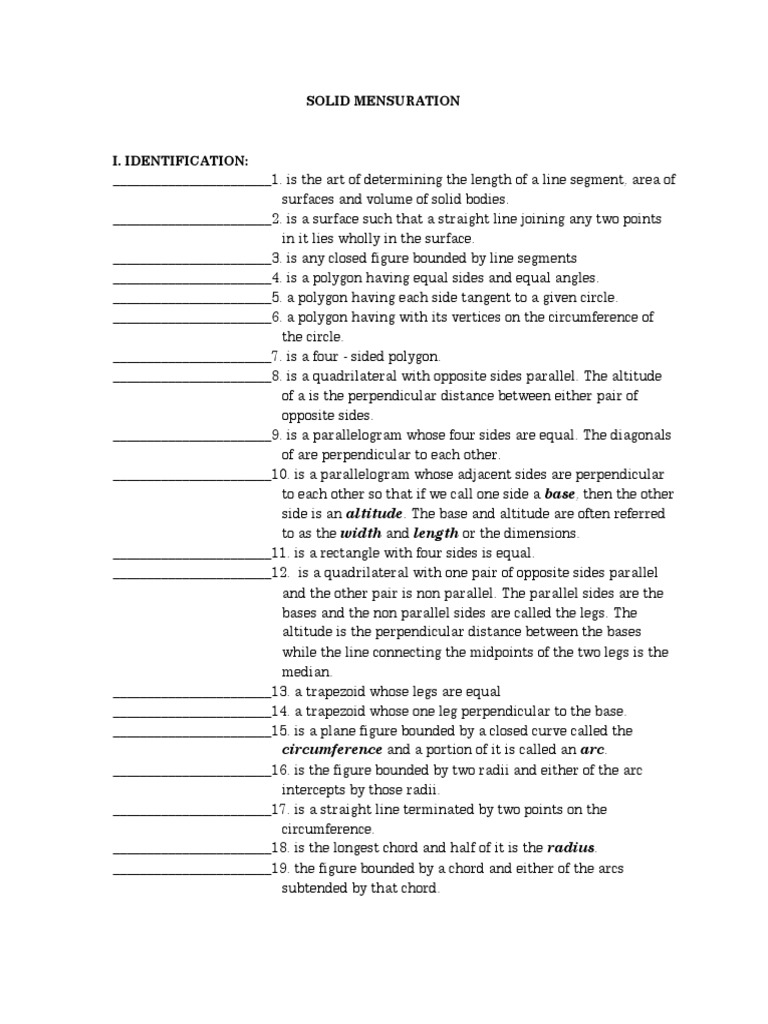 Solid Mensuration Practice Problems | PDF | Perpendicular | Area