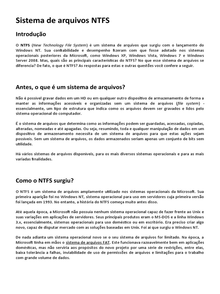 Sistema de Arquivos NTFS | PDF | Sistema de arquivo | Microsoft Windows
