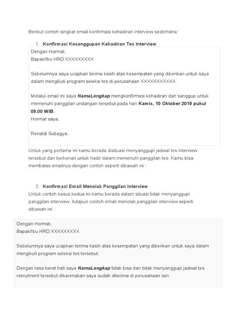 Berikut Contoh Singkat Email Konfirmasi Kehadiran Interview Sederhana | PDF