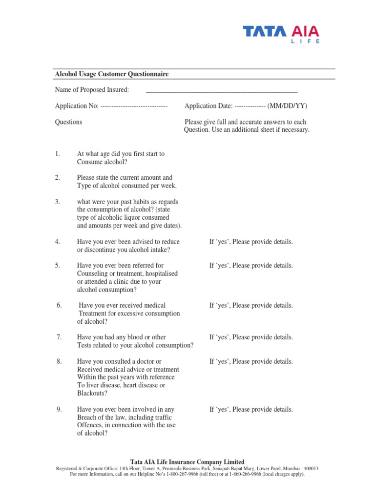 Alcohol Usage Questionnaire | PDF | Health Care | Health Sciences