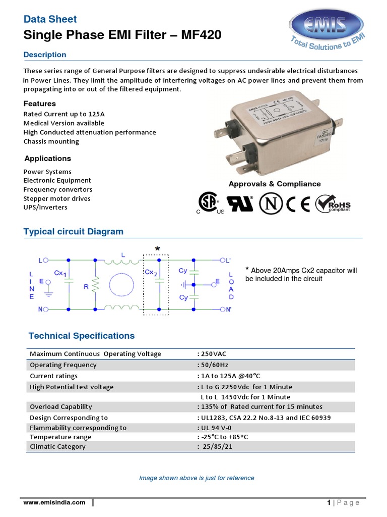 Single Phase EMI Filter - MF420: Data Sheet | PDF | Electromagnetic ...