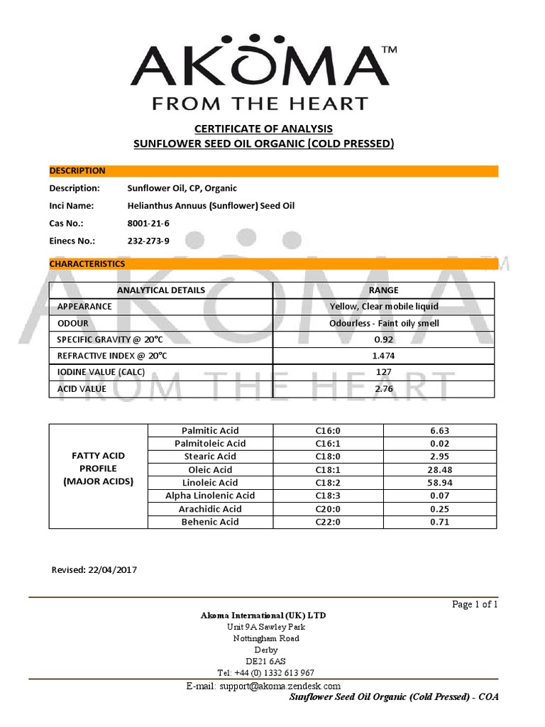 Coa - Sunflower Seed Oil Organic Cold Pressed 1 | PDF