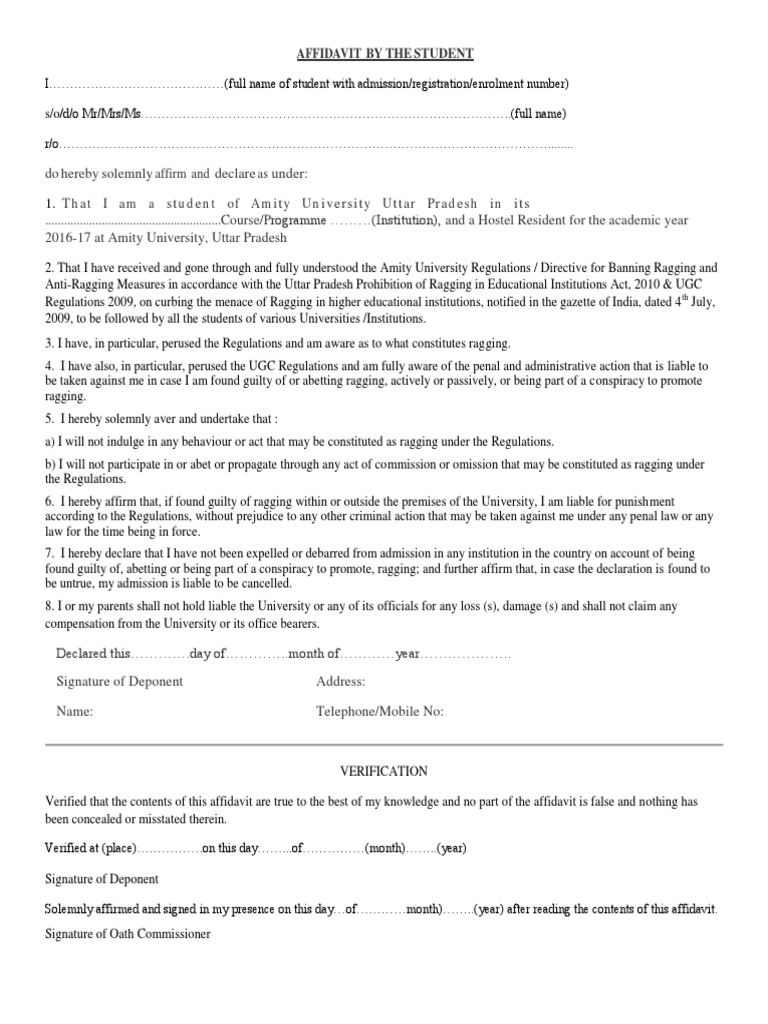 Affidavit by Parent - Student | PDF | Affidavit | Crime & Violence