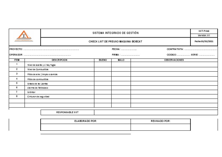 SST-F-046 Check List de Maquina Bobcat | PDF