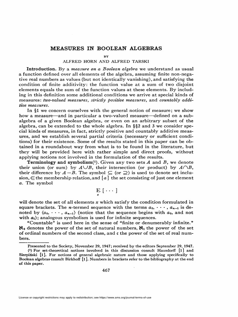 Measures in Boolean Algebras - Alfred Tarski, Alfred Horn | Download ...