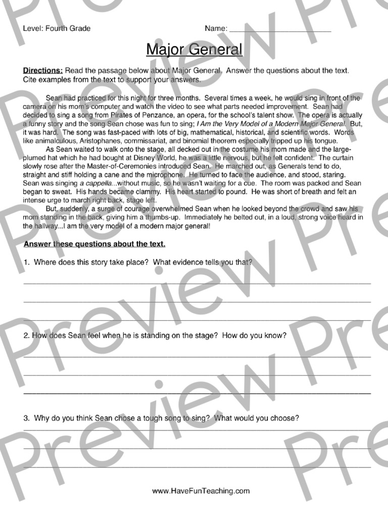 Major General Reading Comprehension Worksheet Preview | PDF
