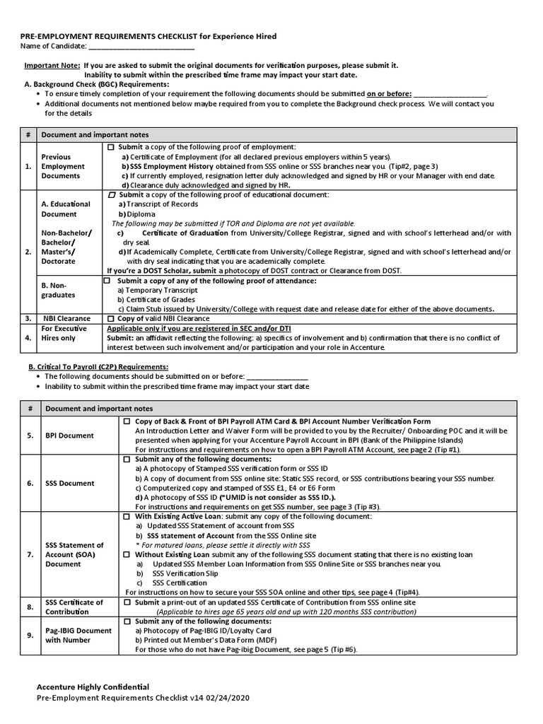 Pre-Employment Requirements Checklist - Experience Hired - Done ...