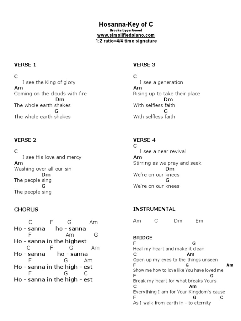 Hosanna-Key of C: 1:2 Ratio 4/4 Time Signature | PDF | Religious ...