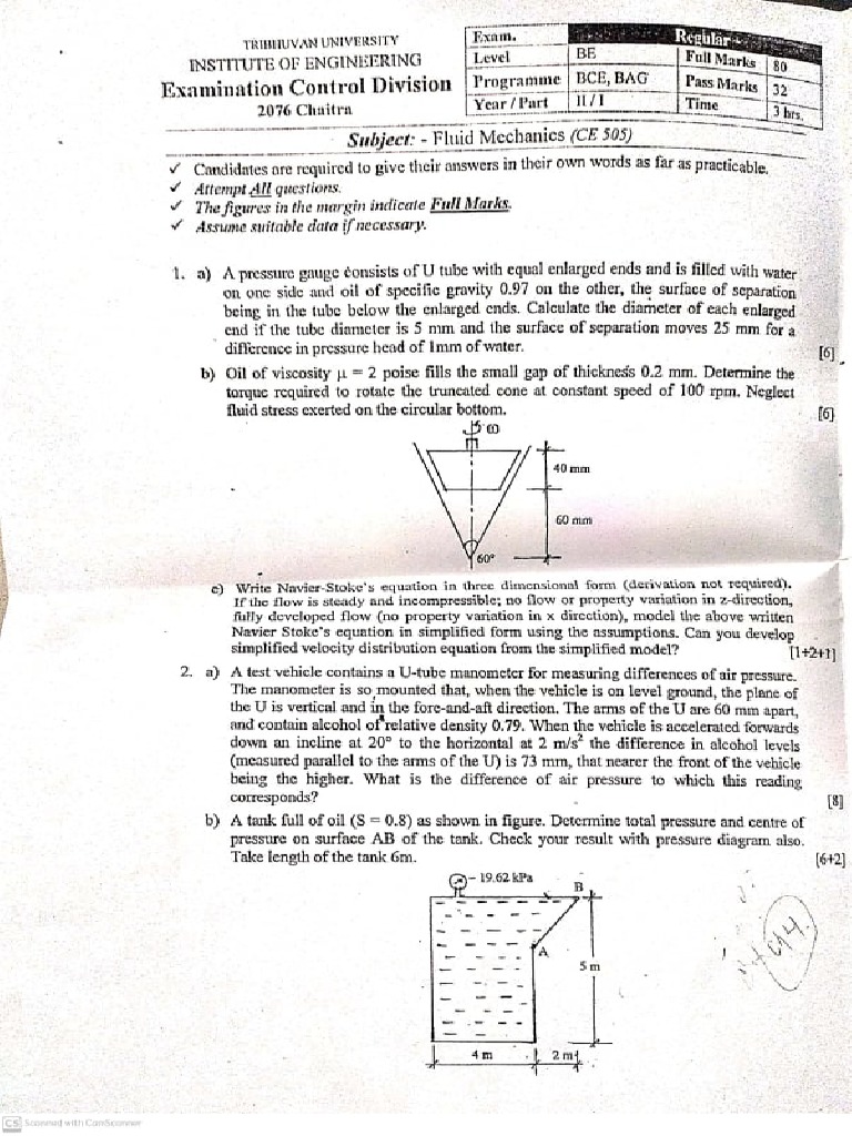 Fluid Mechanics IOE Old Questions-1 | PDF | Pressure | Pressure Measurement