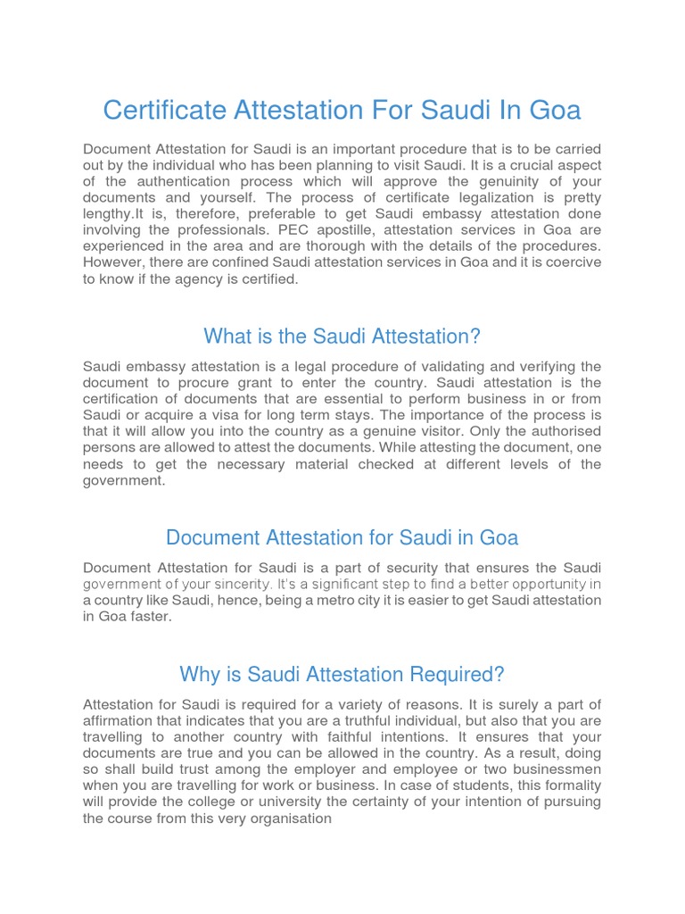 Certificate Attestation For Saudi in Goa | PDF