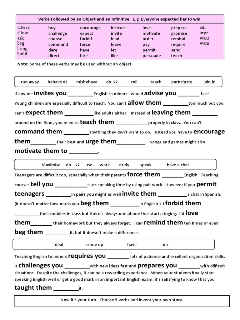 Verbs Followed By An Object And Infinitive Level 4 2021 Pdf
