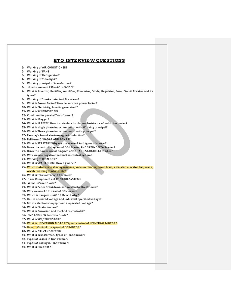 ETO Interview Questions | PDF | Electric Motor | Electric Generator