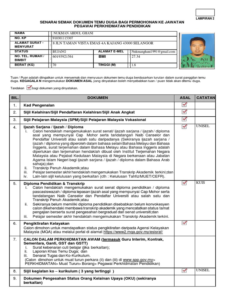 Dah Isi Senarai Semak Dokumen Temuduga | PDF