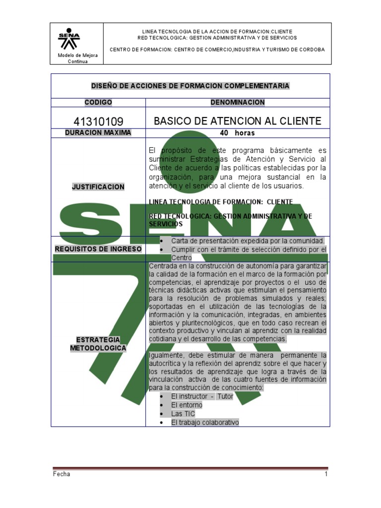 Formato Formacion Complementaria. Servicio Al Cliente | PDF | Servicio ...