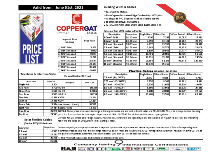 General Wiring Price List - June 01st 2021 | PDF | Electrical Wiring ...