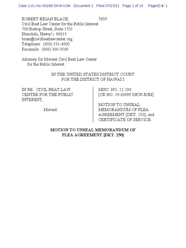 Motion To Unseal Norman Lani Akau III Plea Agreement | PDF | Plea ...