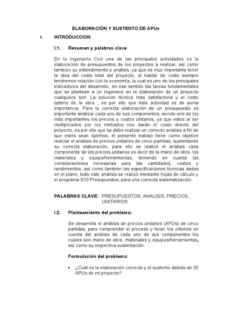 ELABORACIÓN Y SUSTENTO DE APUs | PDF | Presupuesto | Materiales de ...