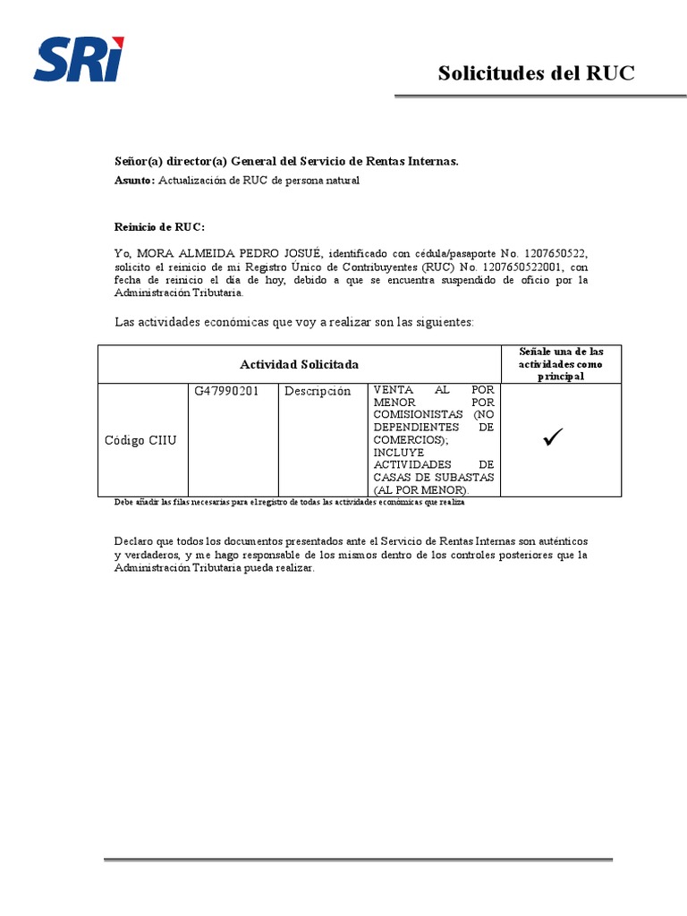 Formato Solicitudes RUC Actualización - Personas Naturales | PDF