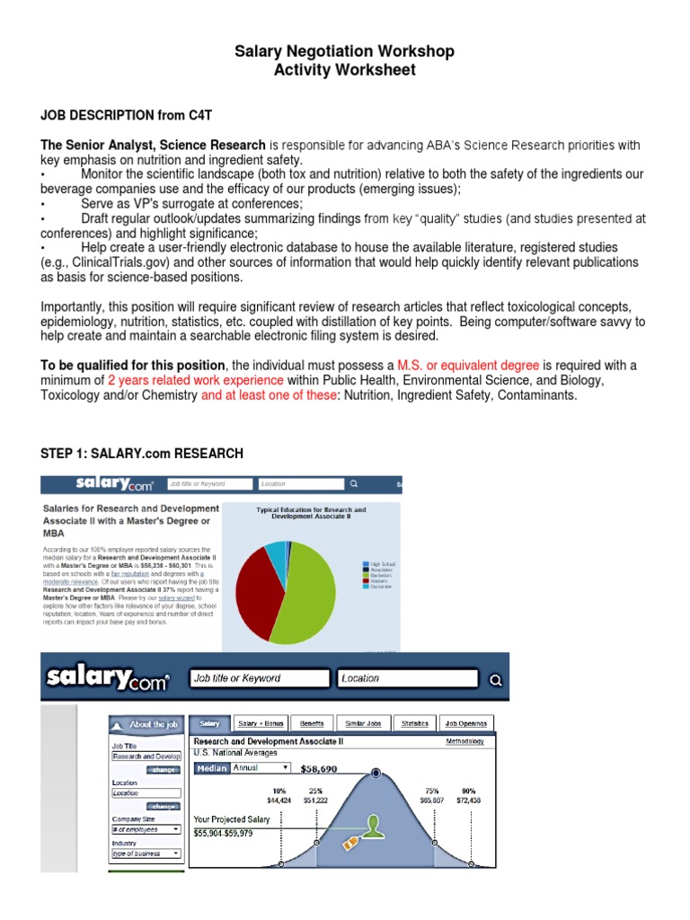 Salary Negotiation Workshop Activity Worksheet: Job Description From ...
