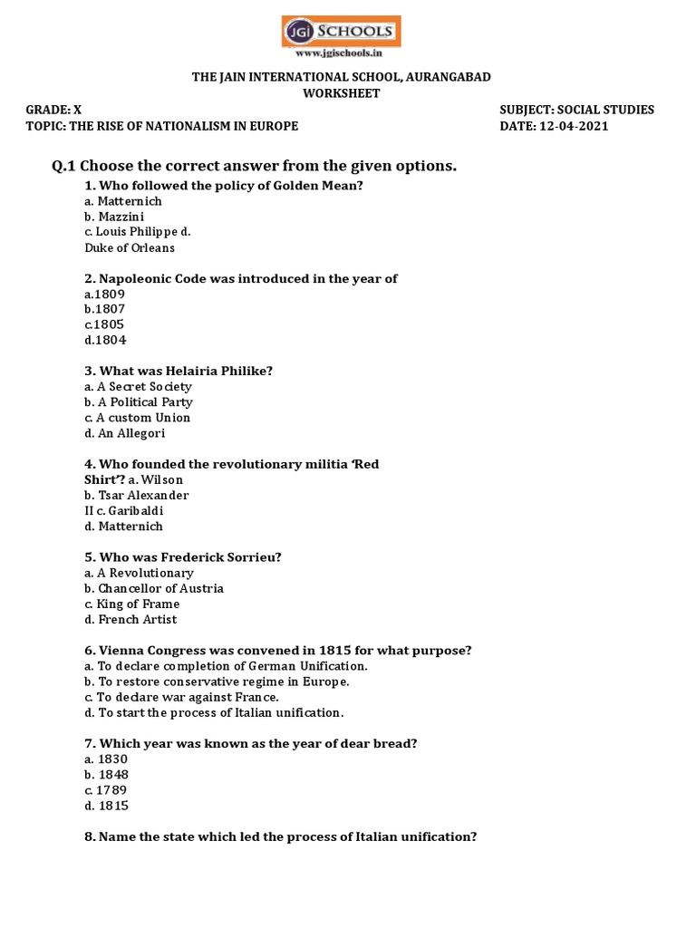 X Ch1 History Worksheet | PDF | Nationalism | Liberalism