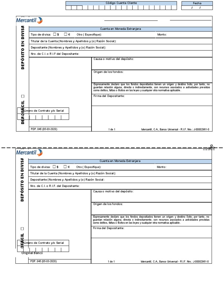 Planilla de Deposito Moneda Extranjera | PDF | Bancos | Economias