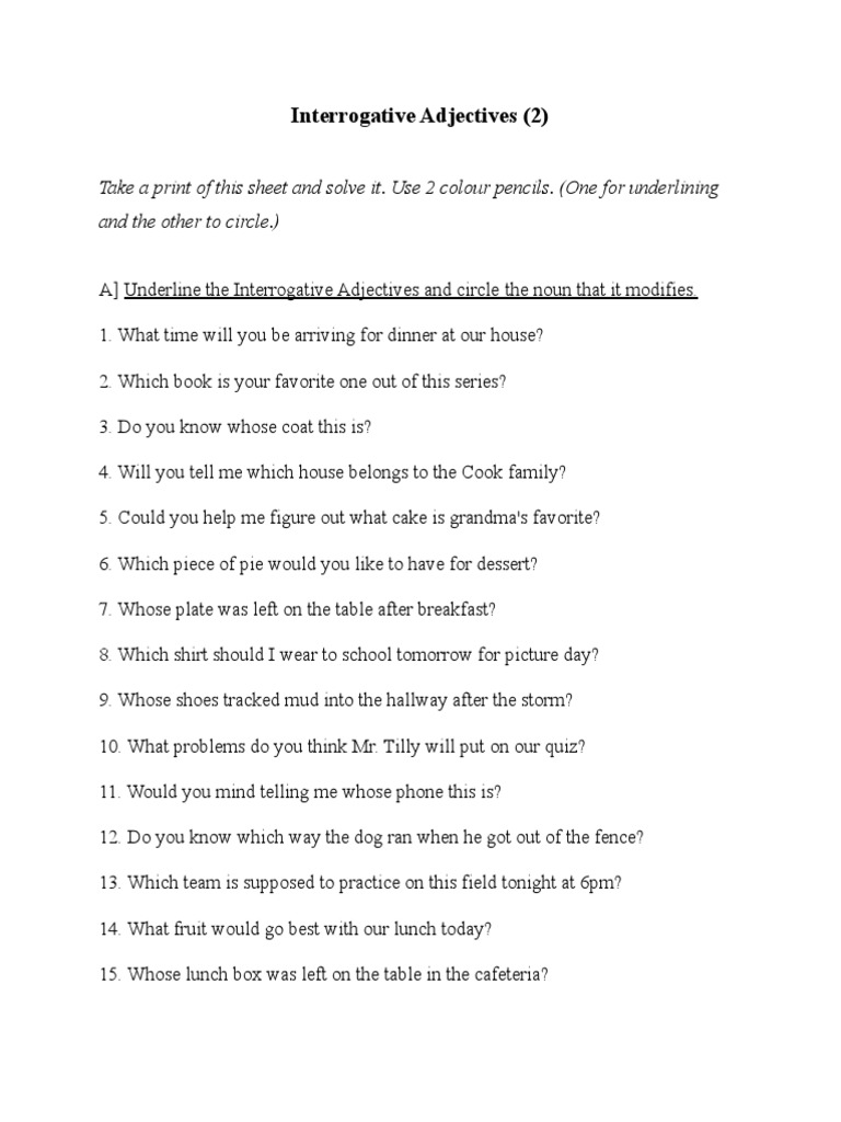 Interrogative Adjectives Worksheet. | PDF
