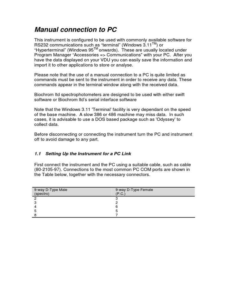 Manual Connection To PC: 1.1 Setting Up The Instrument For A PC Link ...