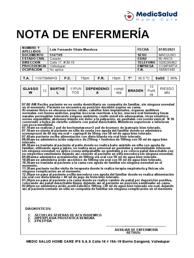 Nota de Enfermeria MSHC 2 | PDF | Medicina CLINICA | Ciencias de la Salud