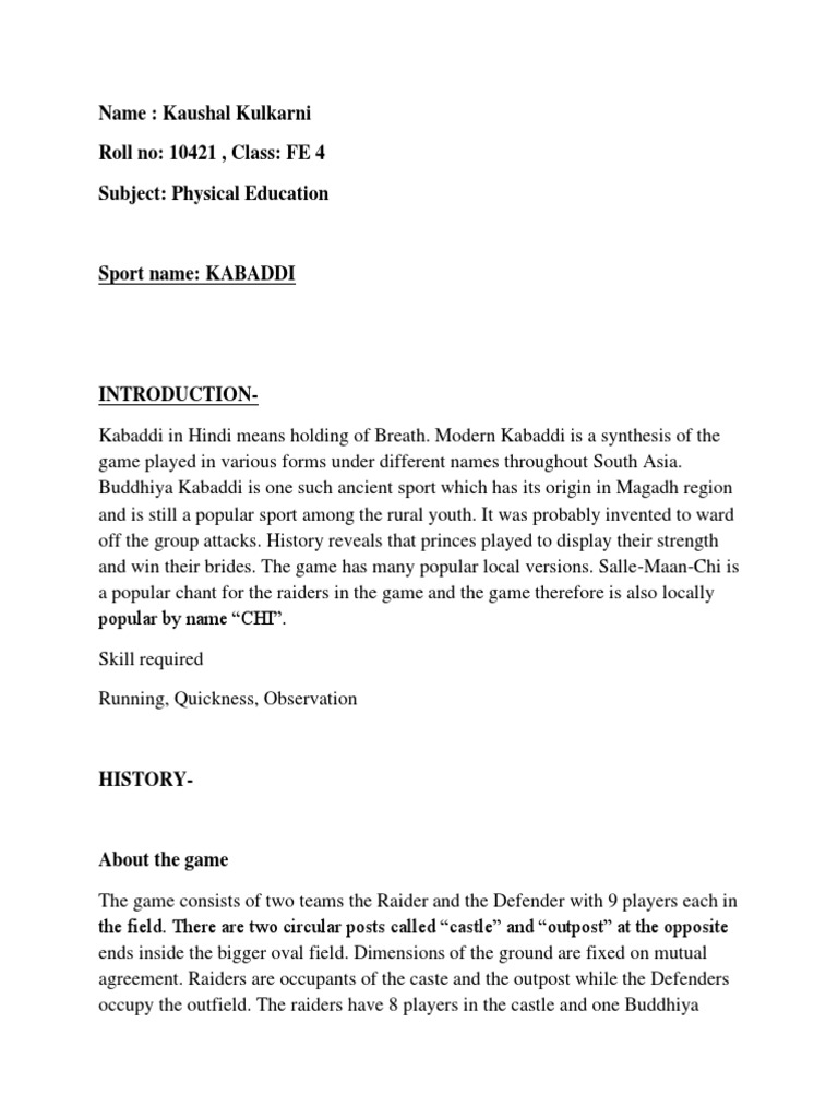 PE Project Kabaddi | Download Free PDF | Teams | Team Sports