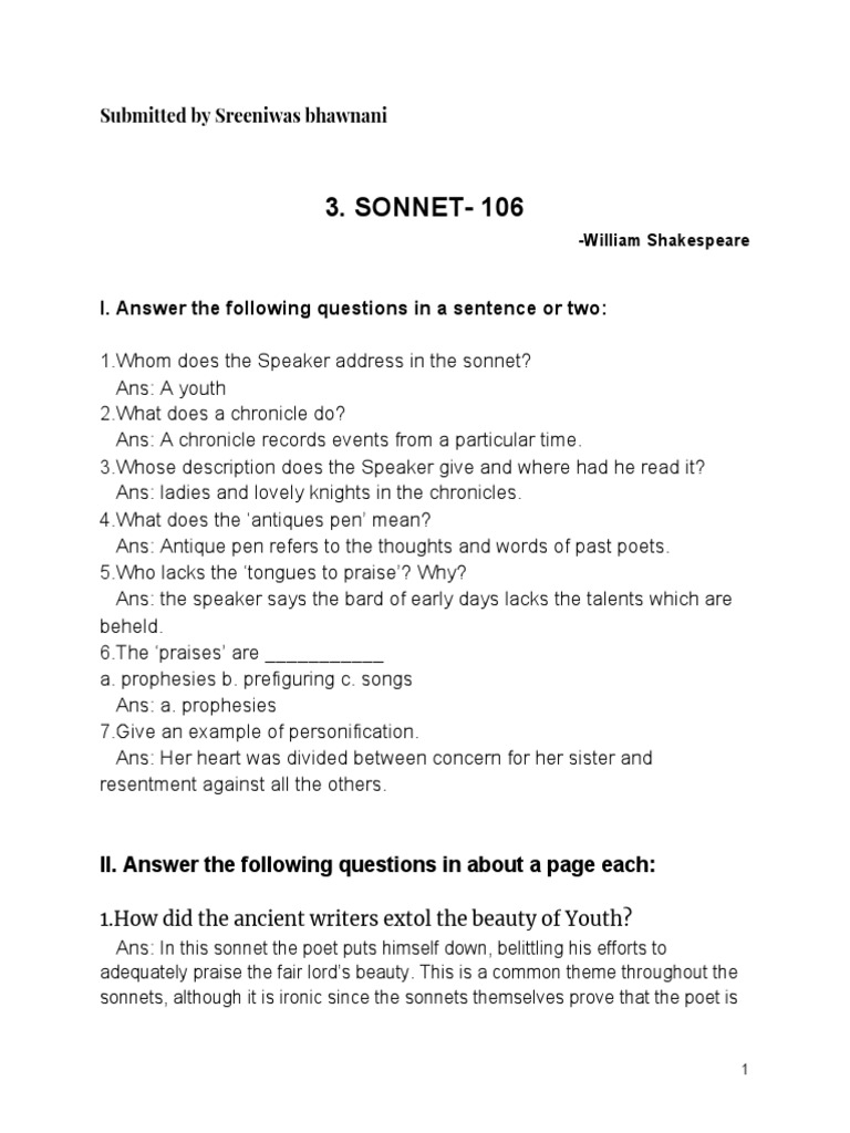 Sonnet 106 Pdf Sonnets Shakespeare S Sonnets