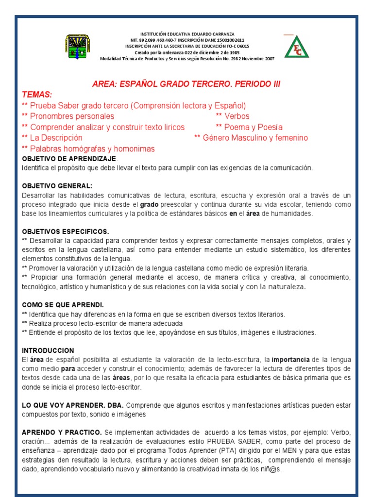 Español Iii P. Grado 3. | PDF | Poesía | Comprensión lectora