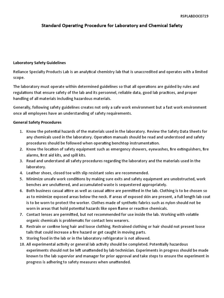 Standard Operating Procedure For Laboratory and Chemical Safety | PDF ...